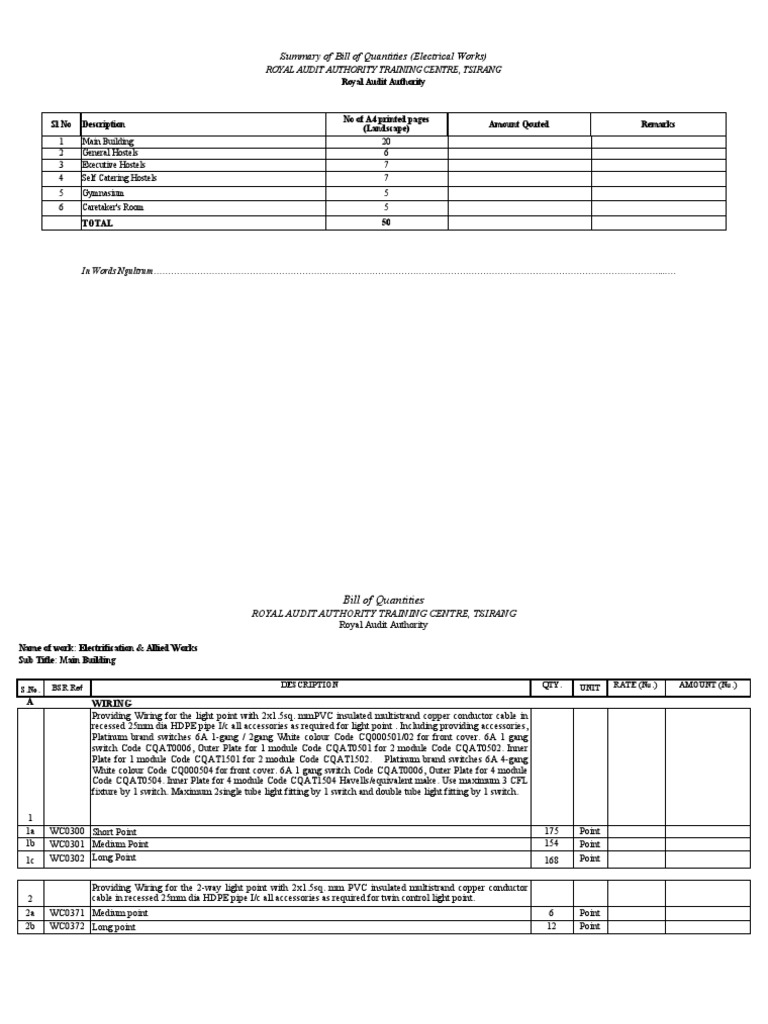 Electrical Works BoQ RAATC2 | PDF | Electrical Wiring | Wire