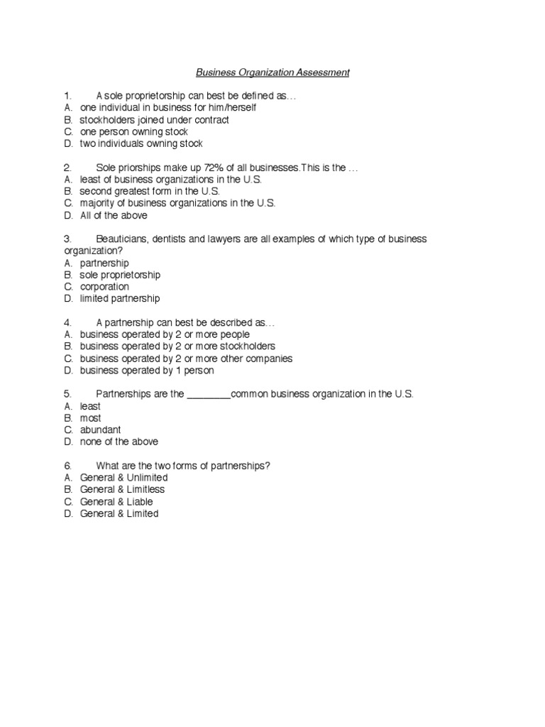 Business Organization Quiz | PDF | Corporations | Partnership