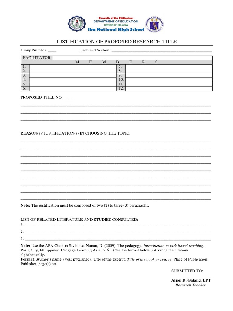 Research Title Justification Template | PDF | Citation | Education Theory