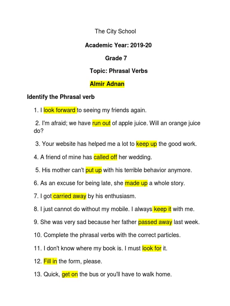 Grade 7 english Phrasal verbs identification worksheet 1 Completed