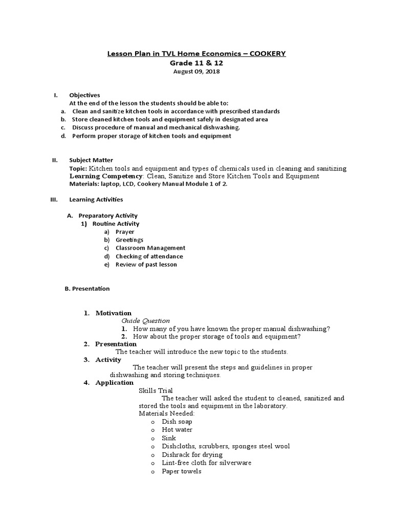 Lesson Plan in TVL Home Economics - COOKERY Grade 11 & 12 | PDF ...