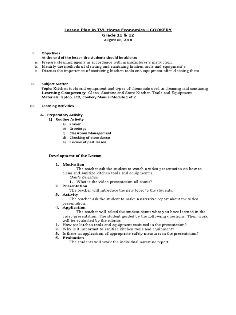 Lesson Plan in TVL Home Economics - COOKERY Grade 11 & 12: August 08 ...