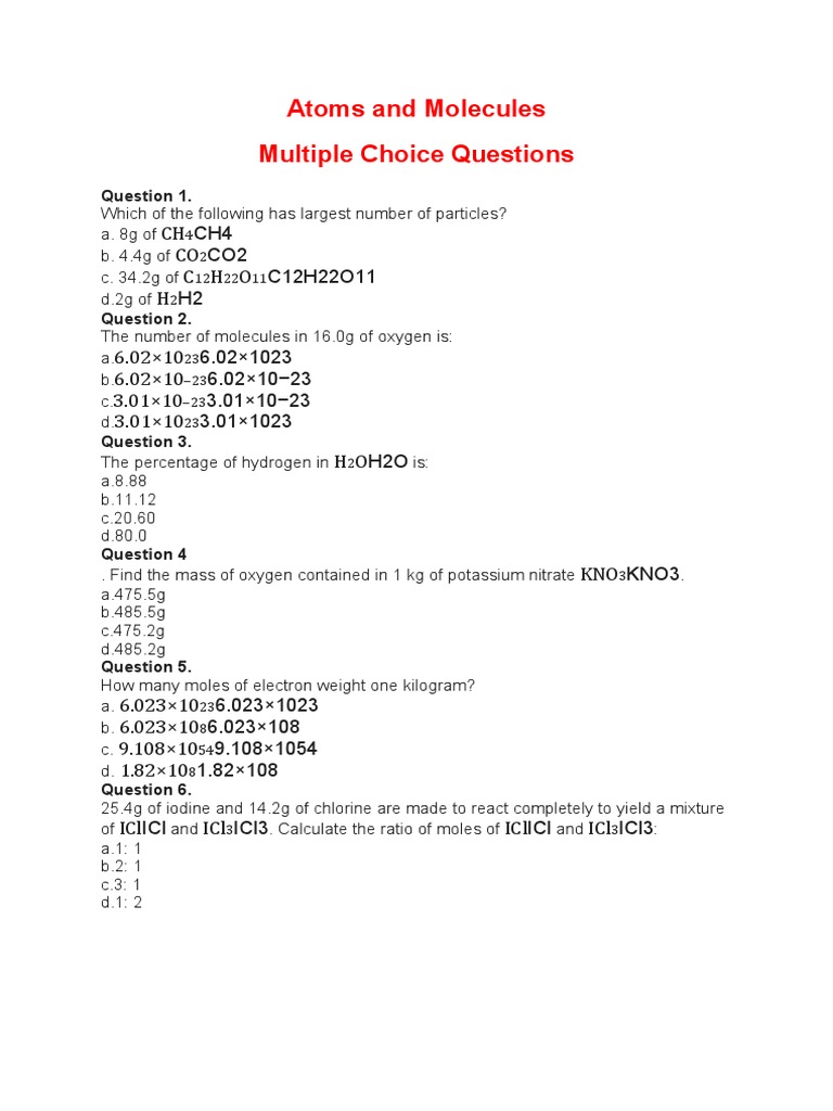 Multiple Choice Questions on Atoms and Molecules: Answers and ...