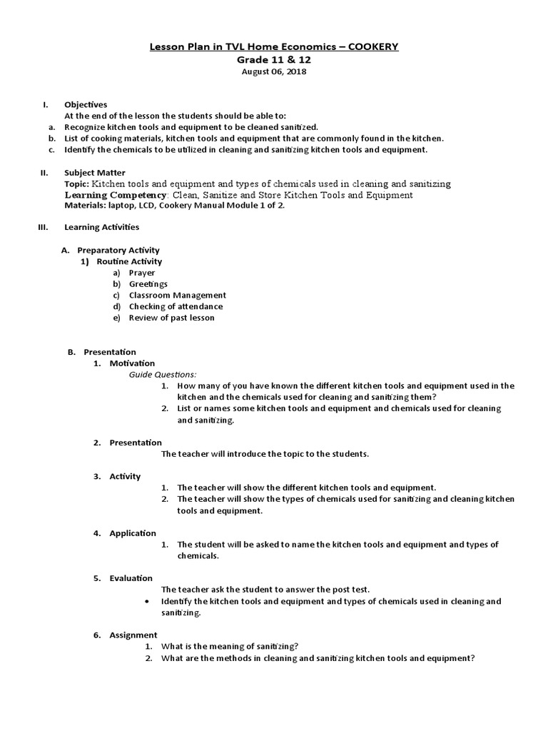 Lesson Plan in TVL Home Economics - COOKERY Grade 11 & 12 | PDF ...