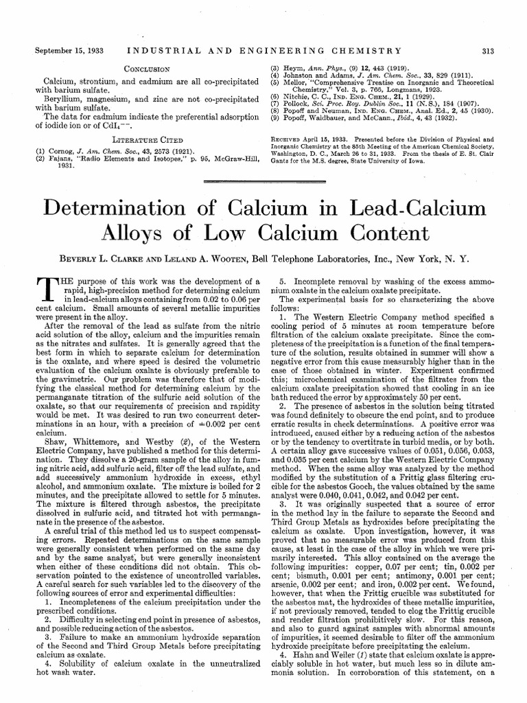 Determination Calcium in Lead-Calcium Alloys of Low Calcium Content ...