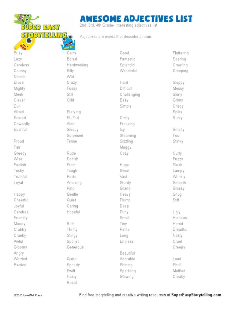 Awesome Adjectives List Easy PDF | PDF | Semantic Units | Linguistic ...