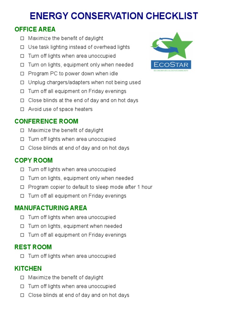 Energy Conservation Checklist: Office Area | PDF