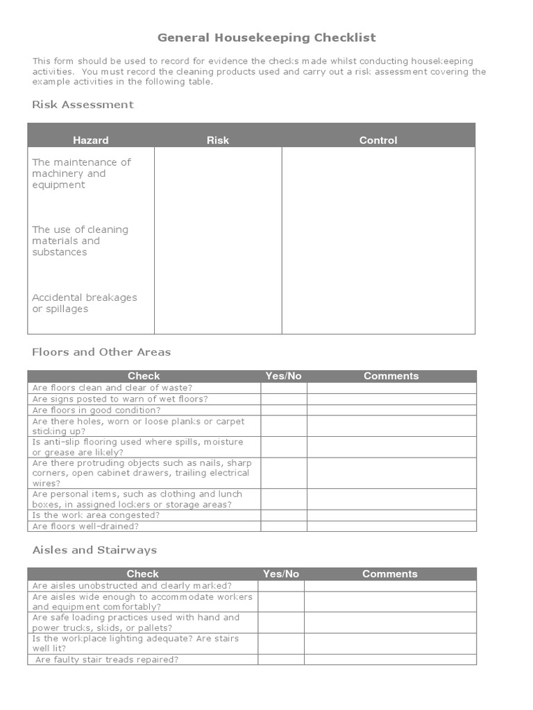 General Housekeeping Checklist: Hazard Risk Control | Download Free PDF ...