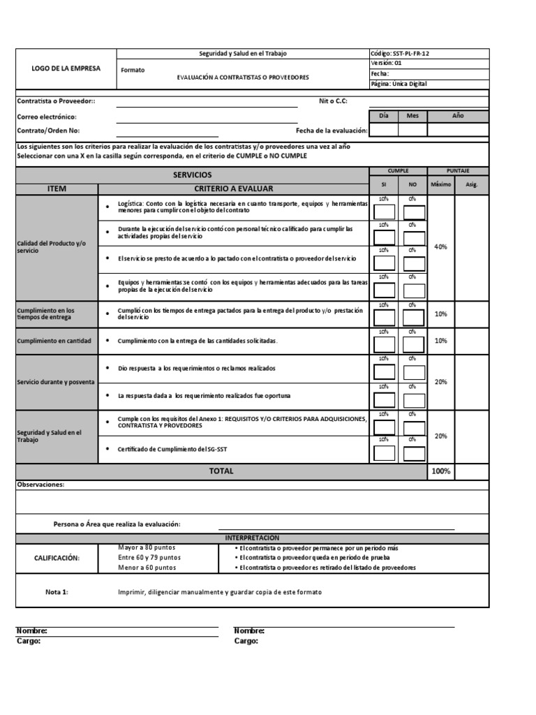Formato Evaluacion de Proveedores Contratistas | PDF | Logística ... Formato Evaluacion de Proveedores Contratistas | PDF | Logística ...