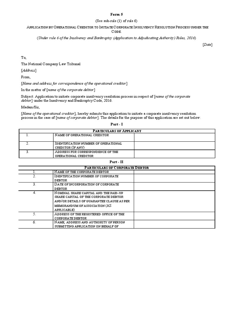 Debtor) Under The Insolvency and Bankruptcy Code, 2016.: Form 5 | PDF ...