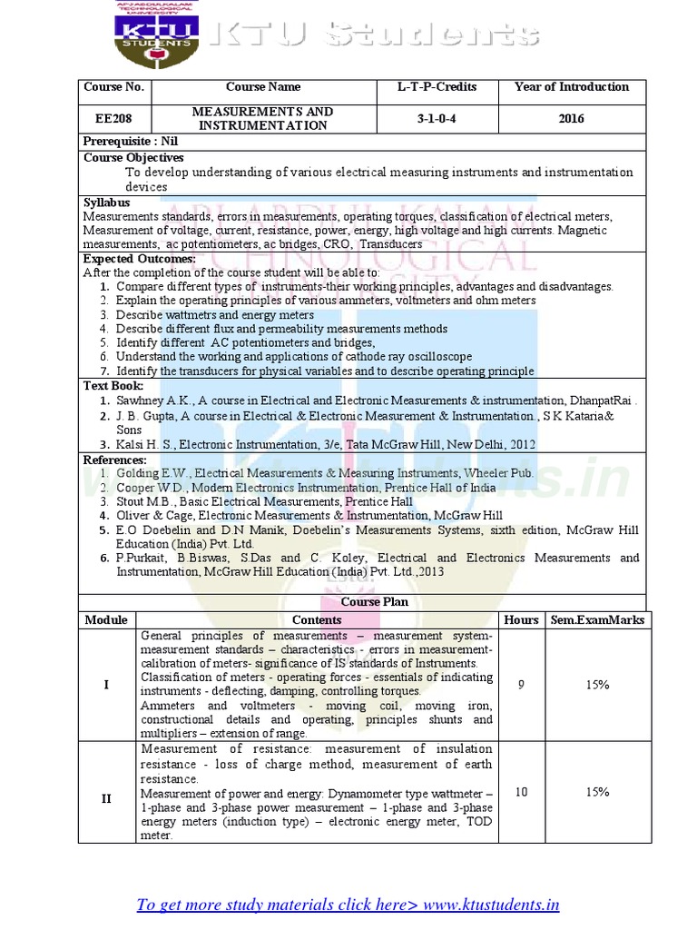 EE208 Measurements N Instrumentation | PDF | Voltage | Transformer