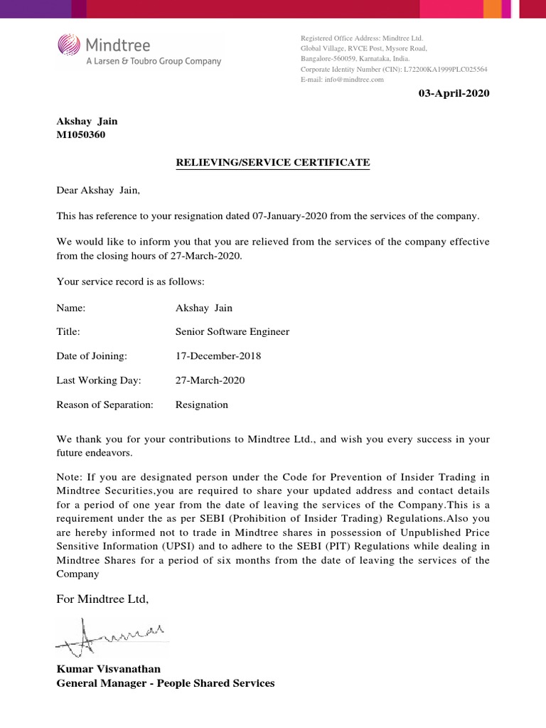 Relieving - Service Certificate-M1050360 | PDF