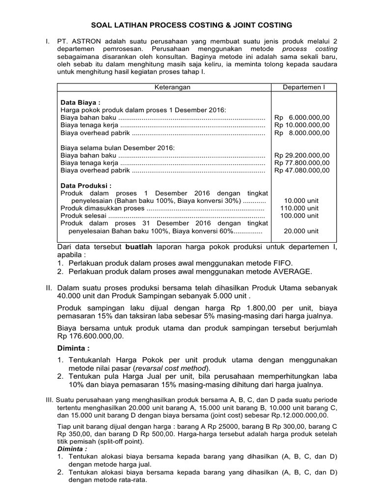 PROCESS COSTING AND JOINT COSTING EXERCISES | PDF