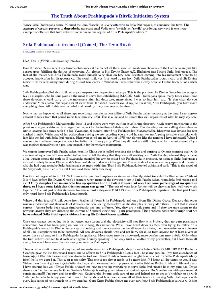 The Truth About Prabhupada's Ritvik Initiation System | PDF | Bhagavad ...