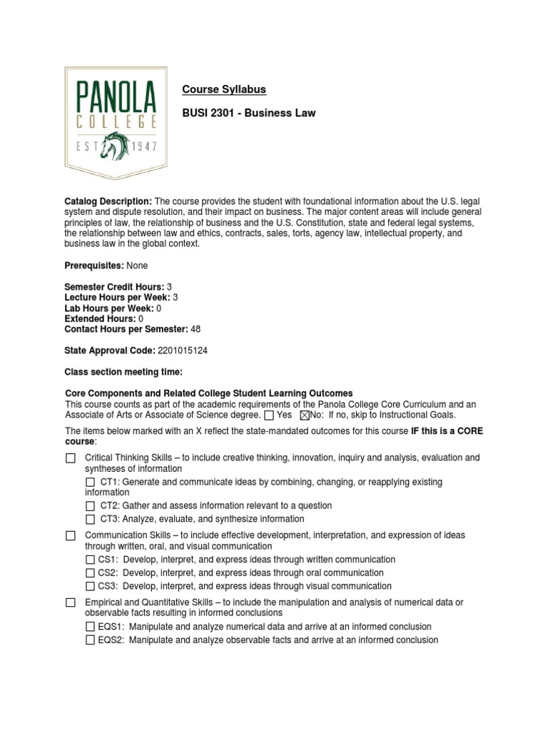 Course Syllabus BUSI 2301 - Business Law | PDF | Law Of Agency ...