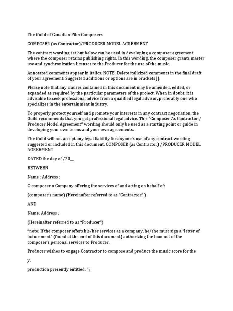 COMPOSER (AS CONTRACTOR) - PRODUCER MODEL AGREEMENT (GCFC ...