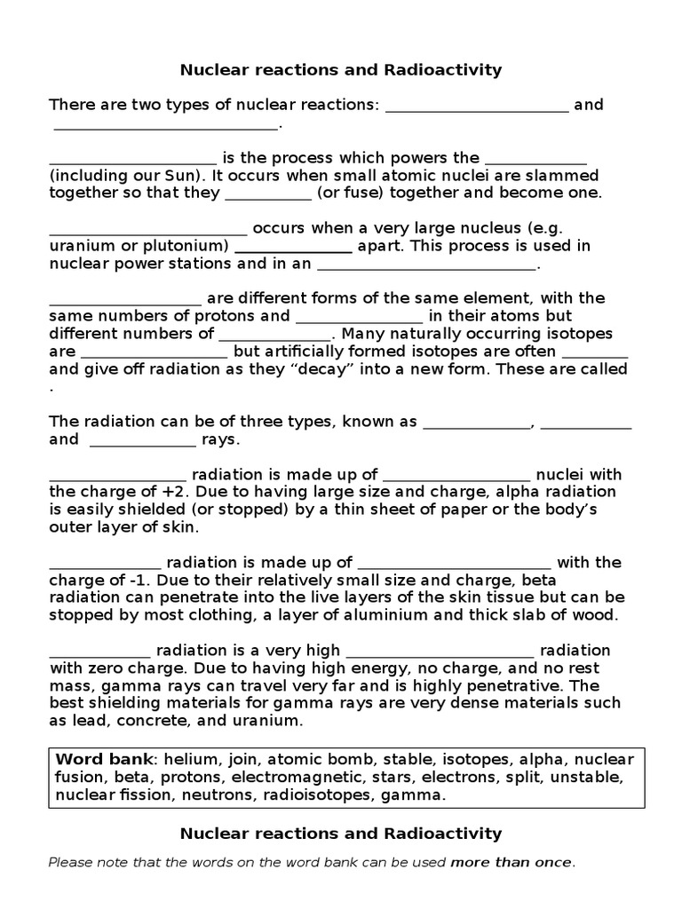 Nuclear Reactions and Radioactivity Cloze Passage | PDF | Nuclear ...