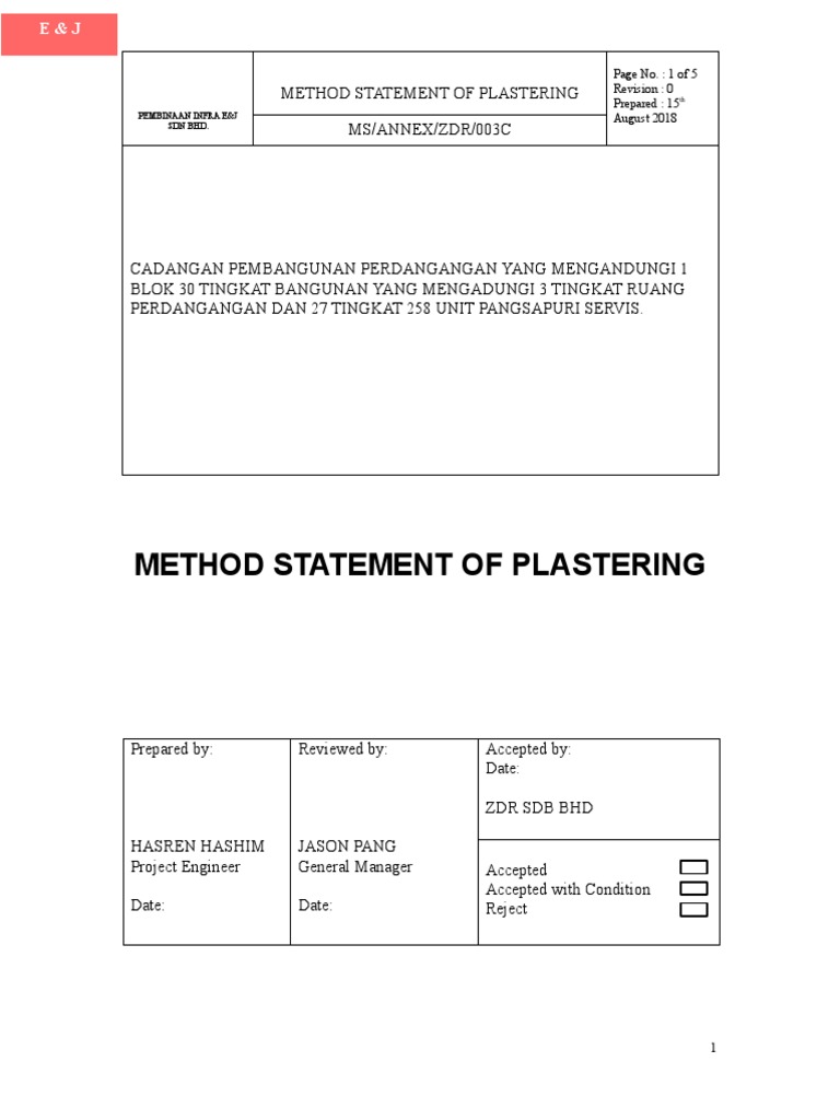 Method Statement for Plastering Work at an Infrastructure Development ...