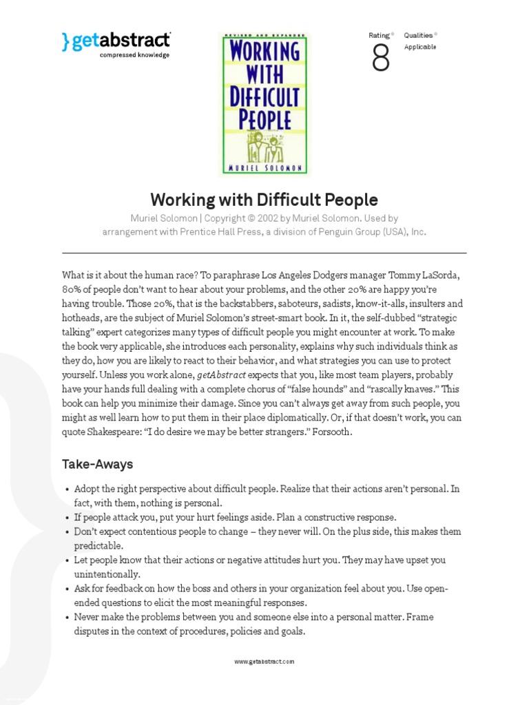 Working With Difficult People: Take-Aways | PDF | Anger | Psychological ...