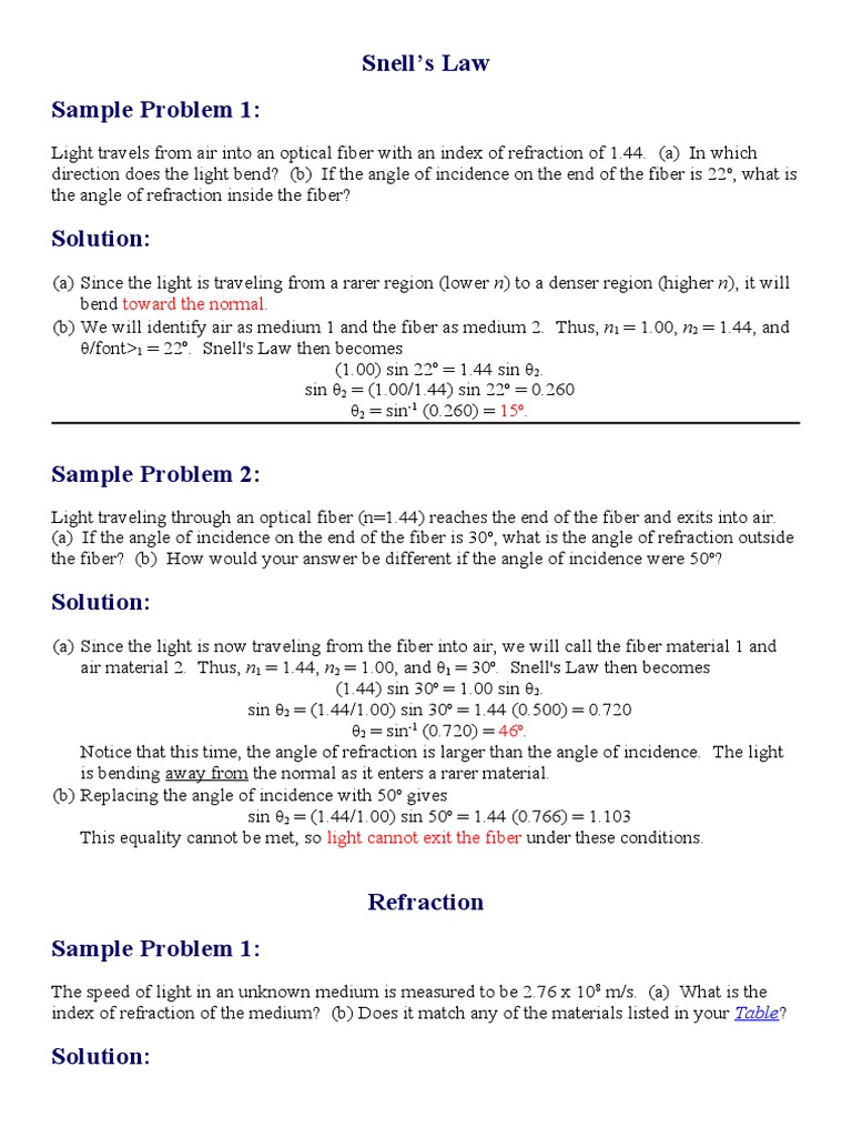 Snell's Law Sample Problem 1:: Toward The Normal | PDF | Refraction ...