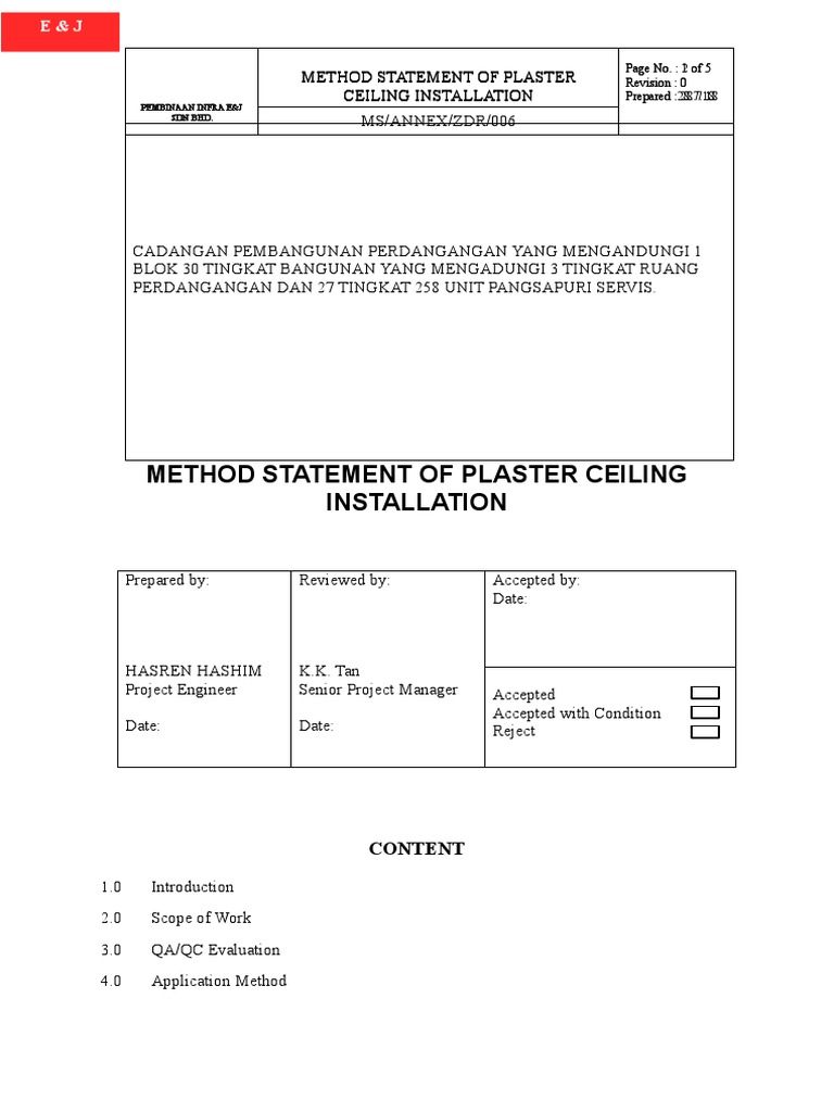 Method Statement of Plaster Ceiling Installation: Content | PDF ...