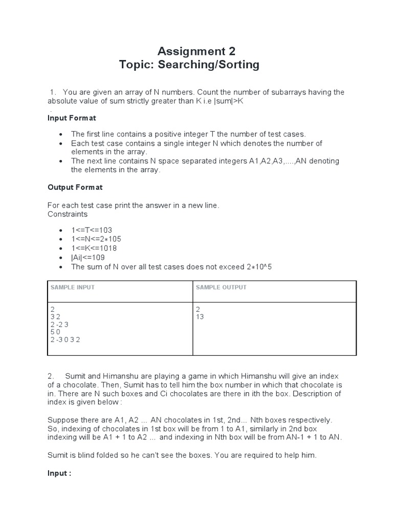 Assignment 2 Topic: Searching/Sorting: Input Format | PDF | Array Data Structure | Time Complexity