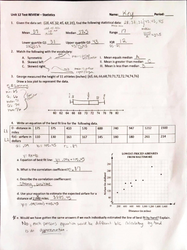 KEY - Unit 12 Test Review | PDF | Skewness | Median