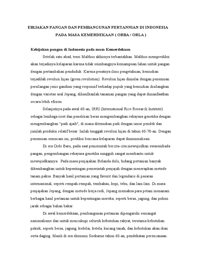 Ebijakan Pangan Dan Pembangunan Pertannian Di Indonesia Pada Masa Kemerdekaan (Orba / Orla | PDF