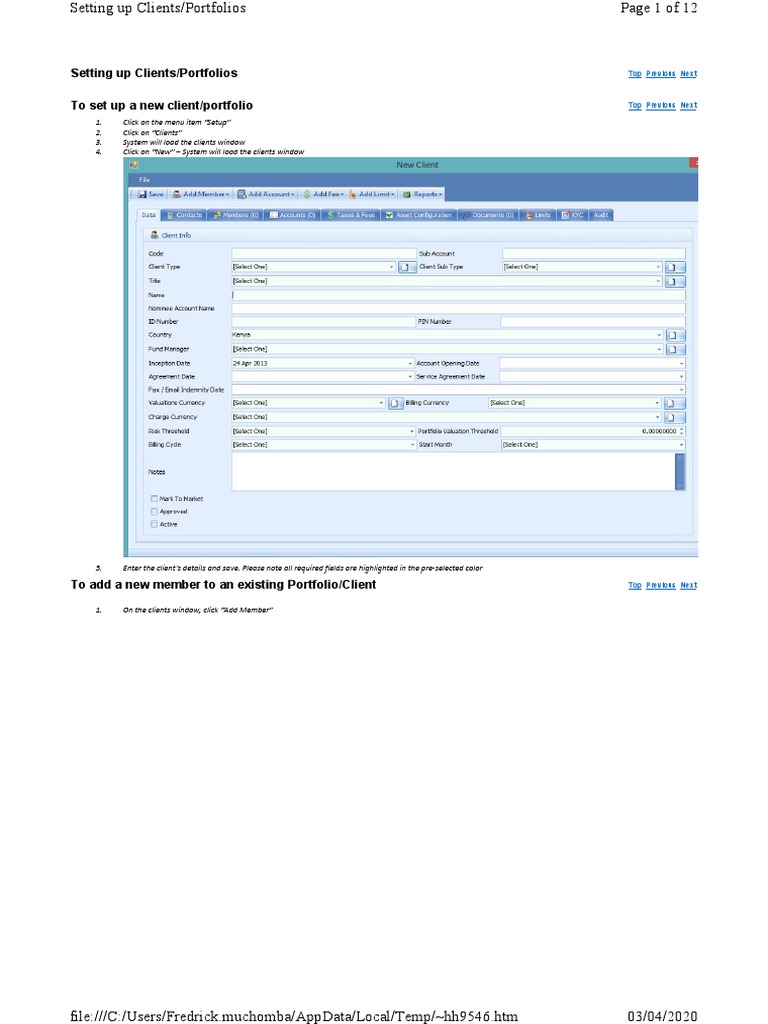Setting Up Clients/Portfolios To Set Up A New Client/portfolio | PDF ...