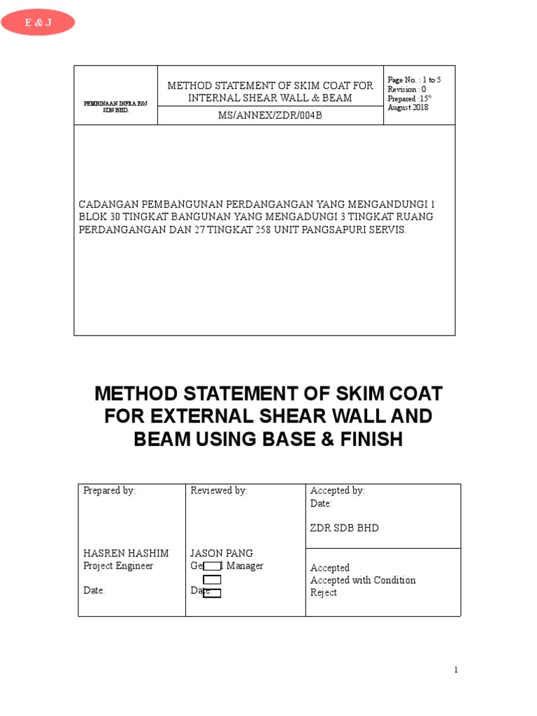 Method Statement of Skim Coat For External Shear Wall and Beam Using Base & Finish | PDF ...