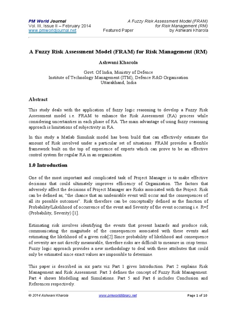 A Fuzzy Risk Assessment Model (FRAM) For Risk Management (RM) | PDF | Fuzzy Logic | Risk