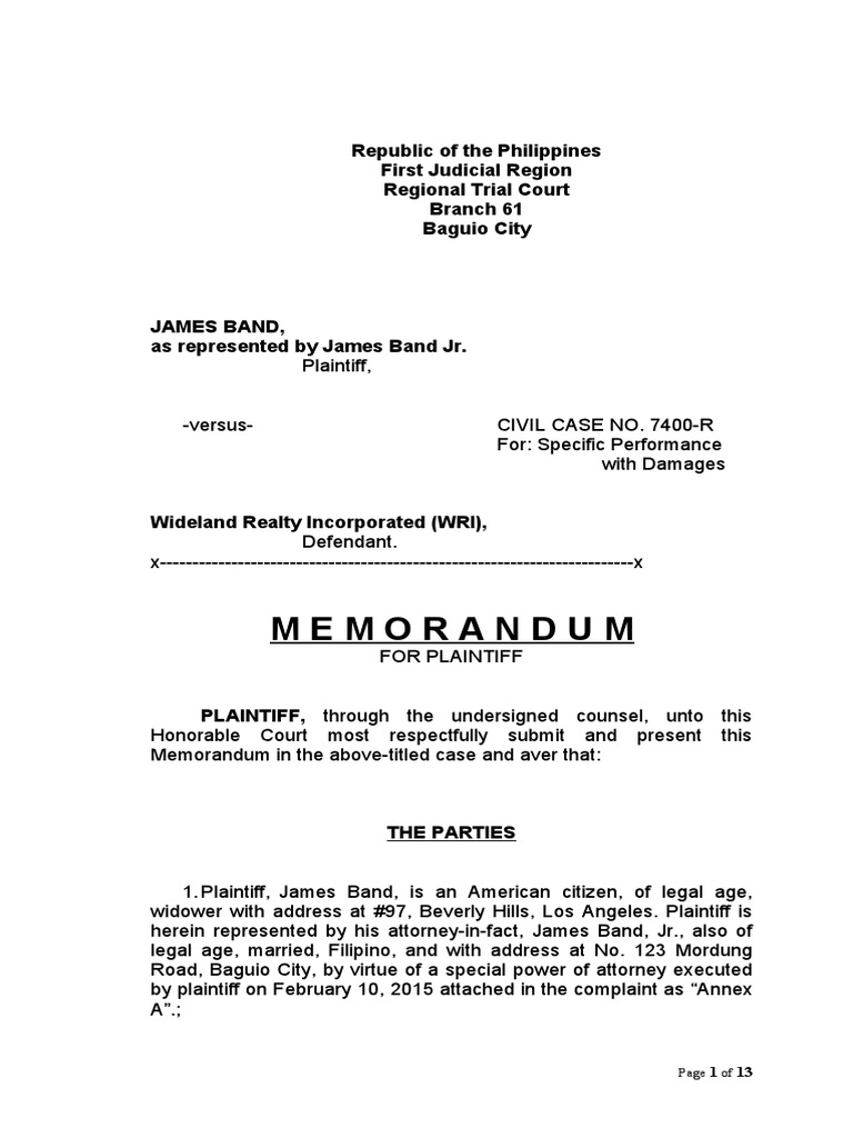 Memorandum: Republic of The Philippines First Judicial Region Regional ...