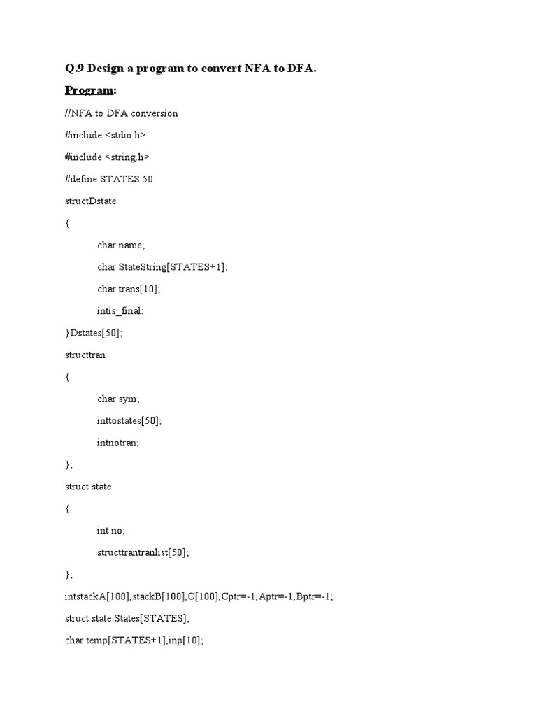 Q.9 Design A Program To Convert NFA To DFA. Program | Download Free PDF | Computing | Computer ...