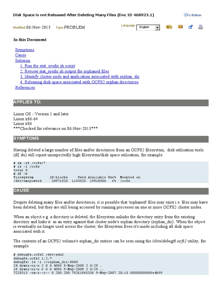 Disk Space Is Not Released After Deleting Many Files Pdf File System Computer File