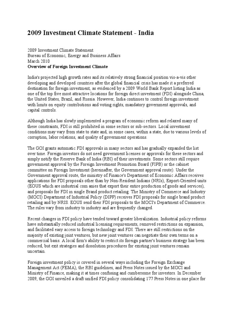 2009 Investment Climate Statement - India | PDF | Foreign Direct ...