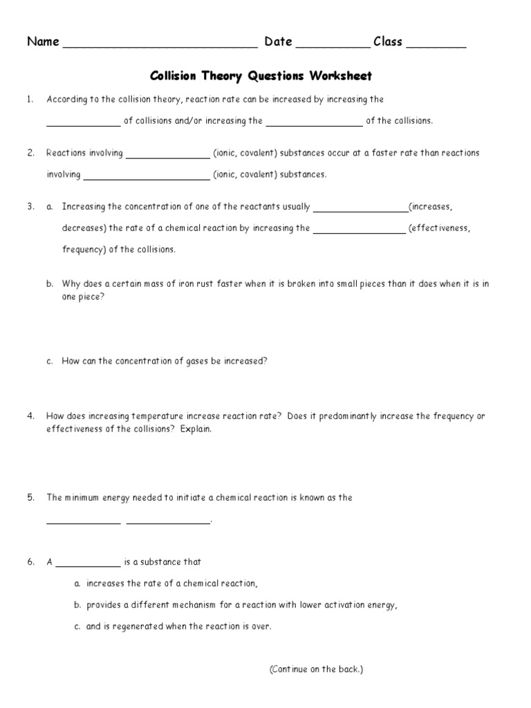 Collision Theory Questions Worksheet | PDF | Reaction Rate | Chemical ...
