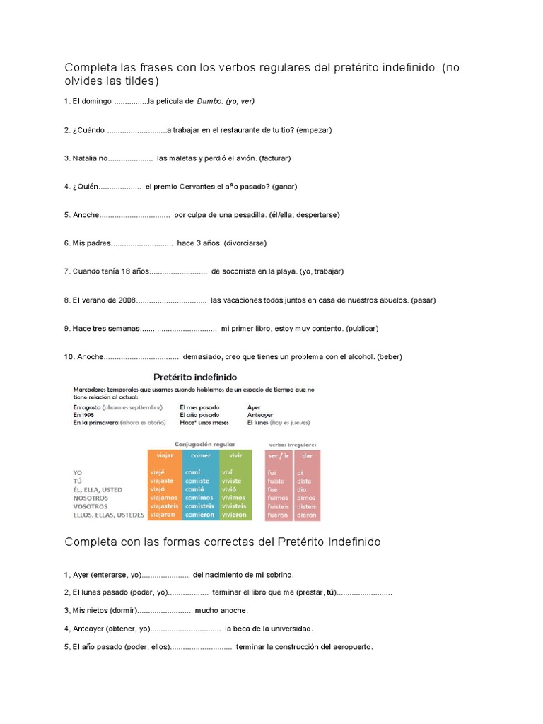 Completa Las Frases Con Los Verbos Regulares Del Pretérito Indefinido ...