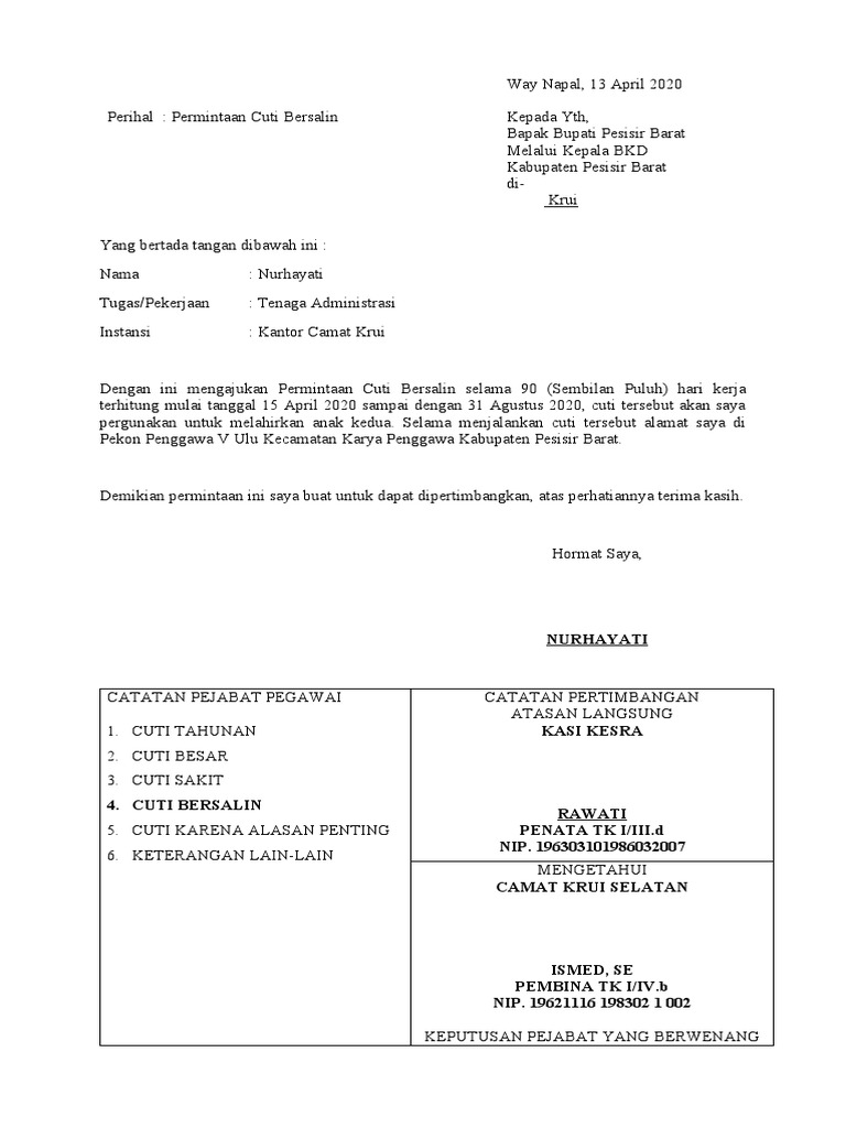 Surat Cuti Bersalin | PDF