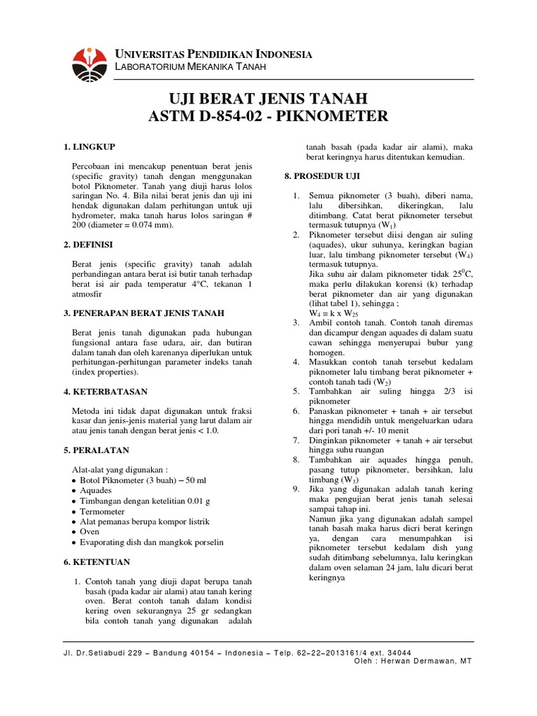 Uji Berat Jenis Tanah Astm D 854 02 ...
