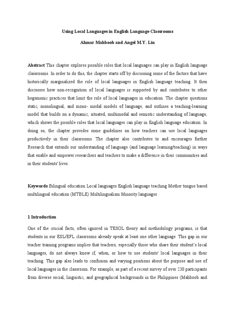 Local Languages in English Classrooms | PDF | English As A Second Or ...