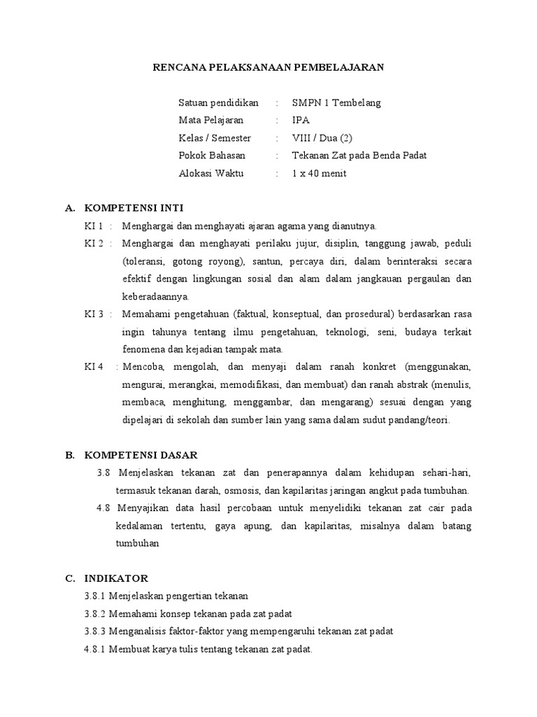 RPP Simulasi Tekanan Zat Padat | PDF