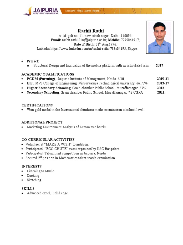 Rachit Rathi: Email: Rachit - Rathi.21n@jaipuria - Ac.in Mobile: 7795064917 Date of Birth: 21 | PDF