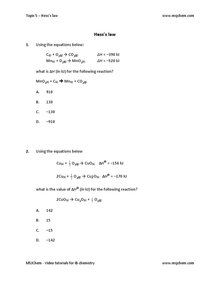 Topic 5 Hess's Law | PDF | Chemical Reactions | Change