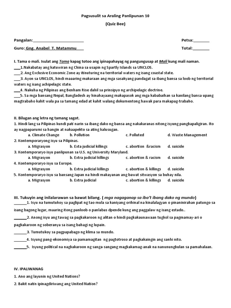Quiz Bee Araling Panlipunan 10 | PDF