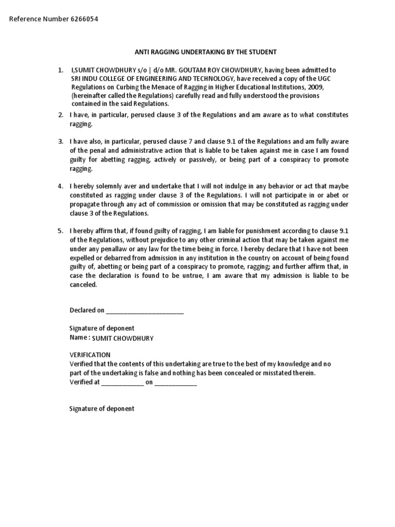 Student Anti-Ragging Undertaking Form | PDF | Criminal Justice | Crime ...