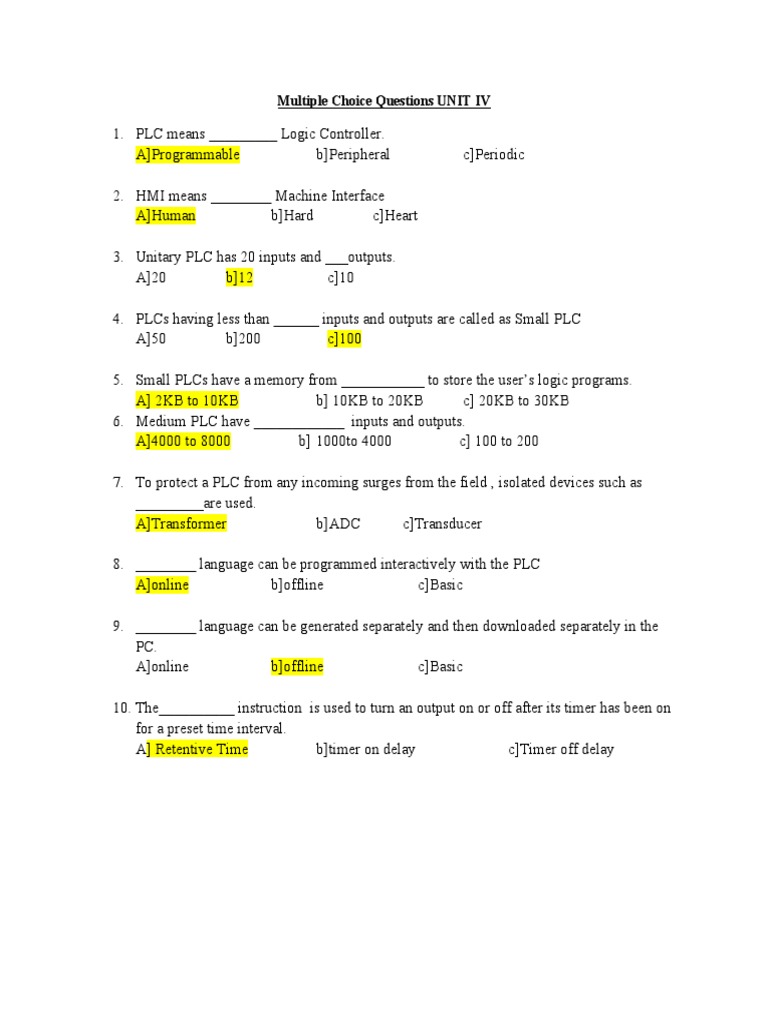 PLC and Human Machine Interface HMI MCQ | PDF