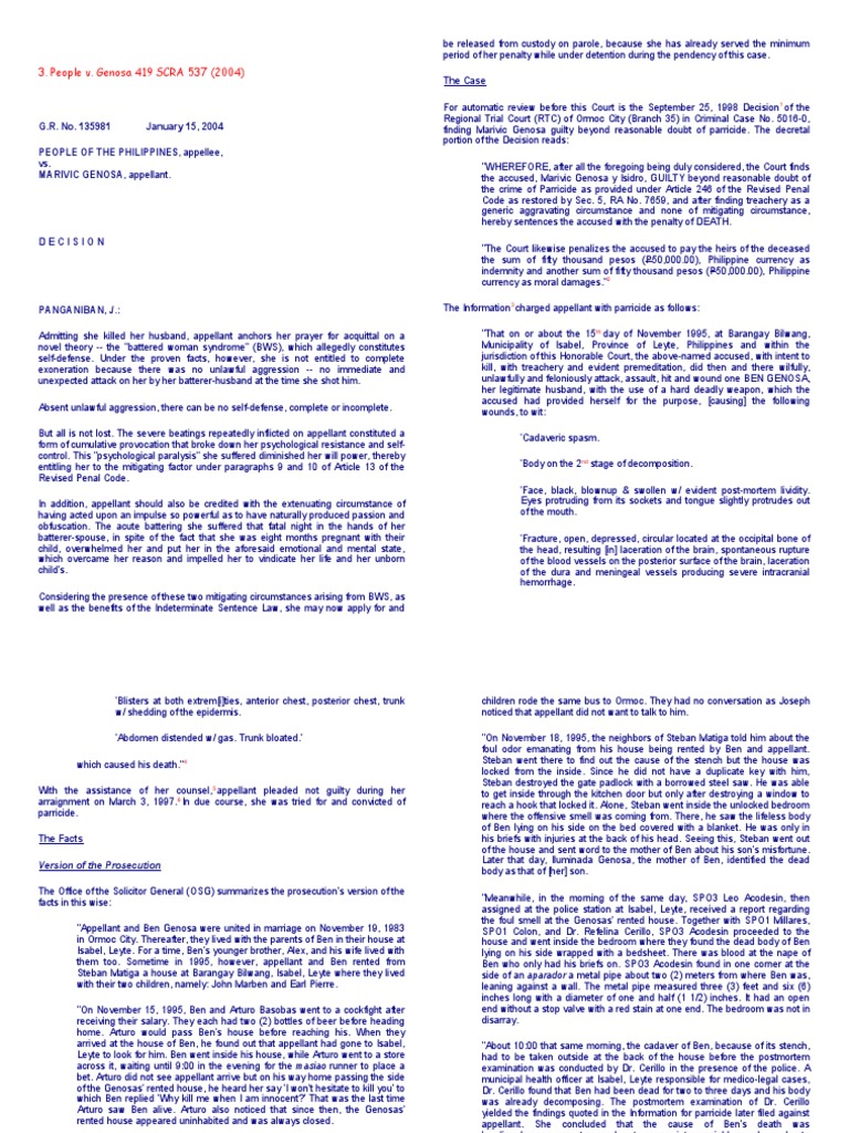 3.people v. Genosa 419 SCRA 537 (2004) | PDF | Psychological Trauma ...