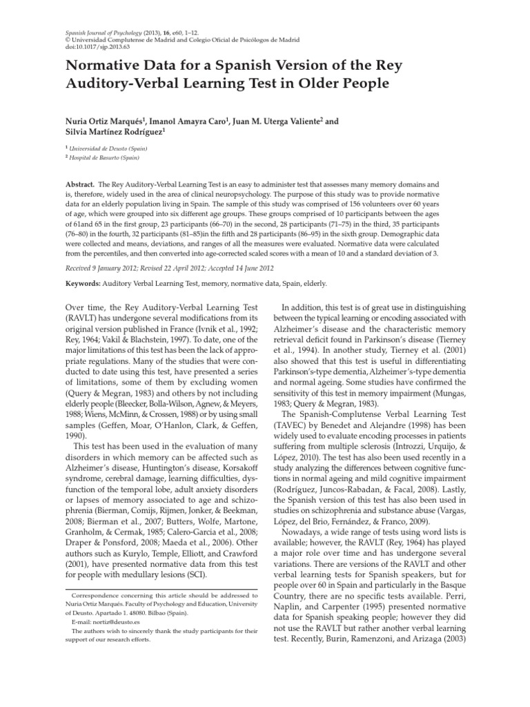 Normative Data For A Spanish Version of The Rey Auditory-Verbal ...
