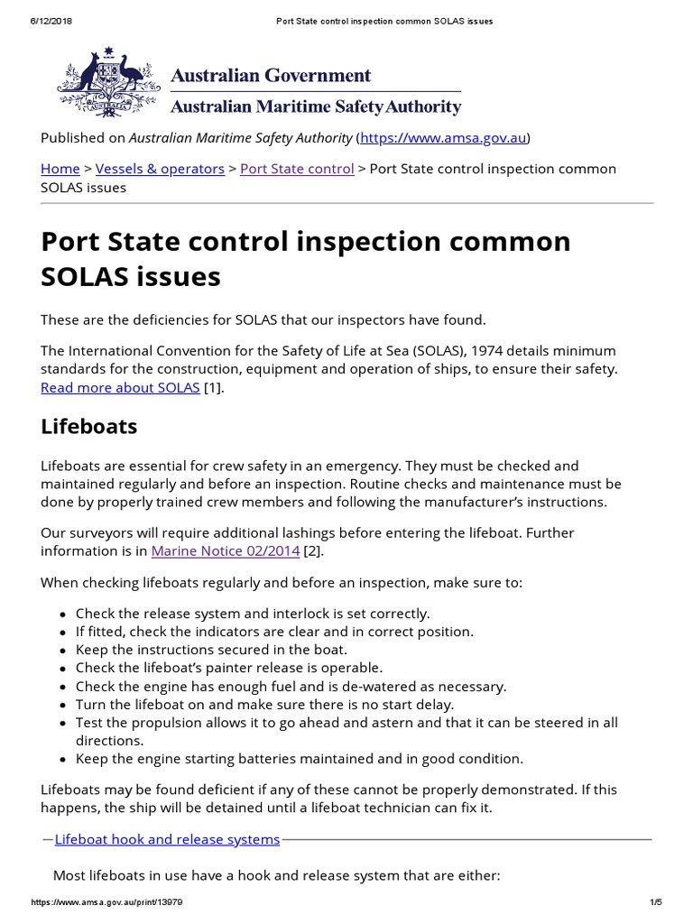 Port State Control Inspection Common SOLAS Issues | PDF | Electrical ...