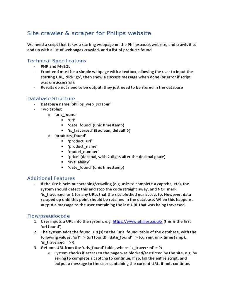 Philips Web Scraper Spec | PDF | Web Page | Databases